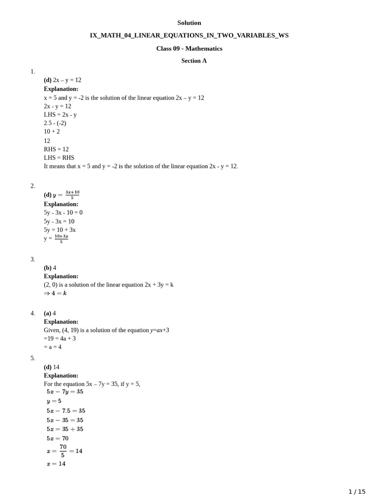Ix - Div B Maths Solution Ix Math 04 Linear Equations in Two Variables Ws 2024-25 | PDF ...