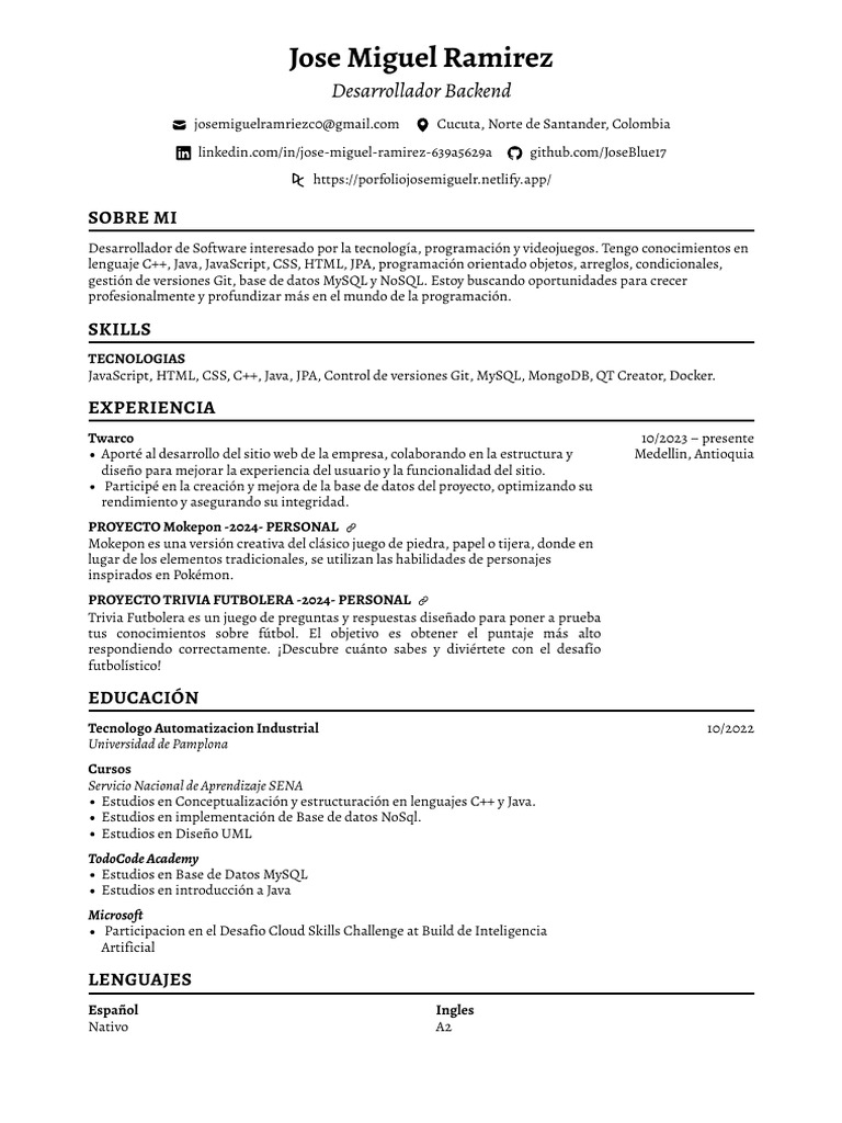 Jose Miguel Ramirez CV | PDF | Mi sql | Java (lenguaje de programación)