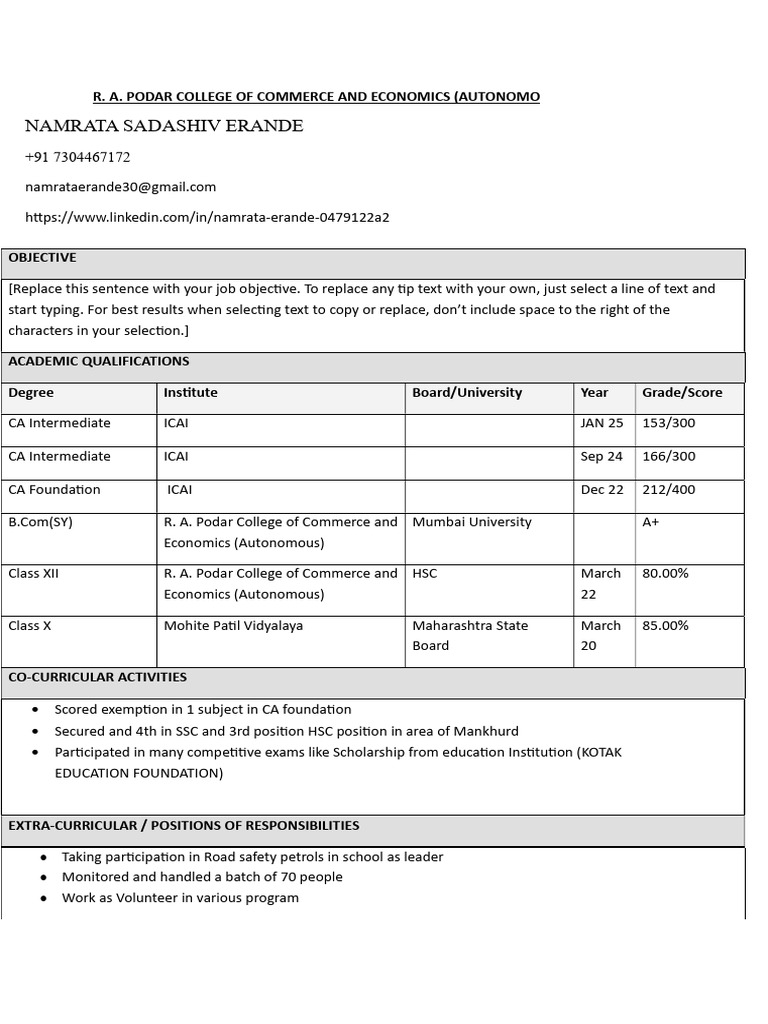 Namrata Resume For Collage | PDF