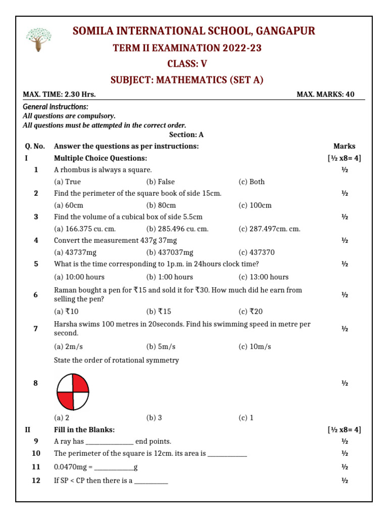 Class V Mathematics Exam Paper 2022-23 | PDF | Quantity | Metrology