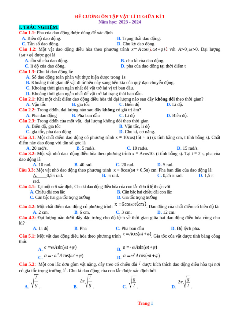 De Cuong On Tap Giua HK1 Vat Li 11 KNTT | PDF