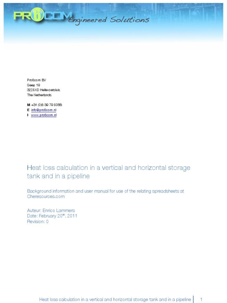 Heat loss calculation spreadsheet for storage tanks and pipelines | PDF