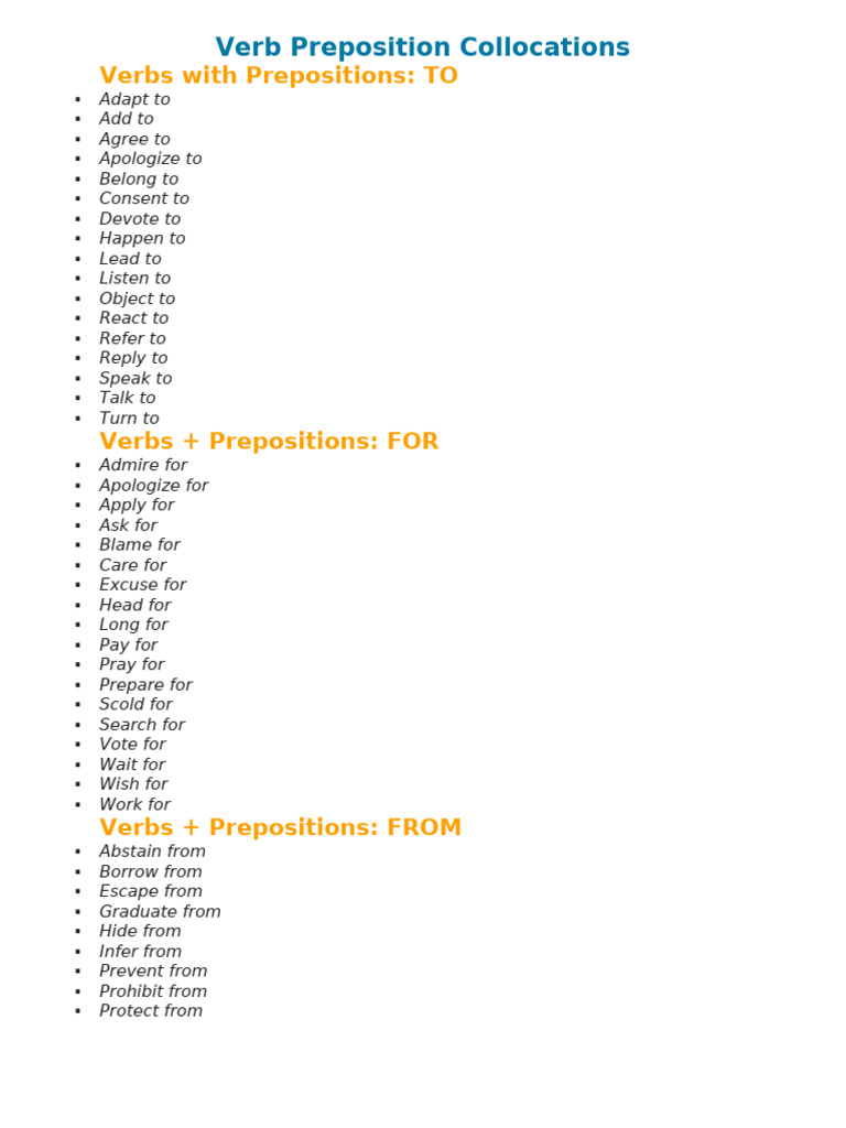 Verb + Preposition Collocations Guide | PDF