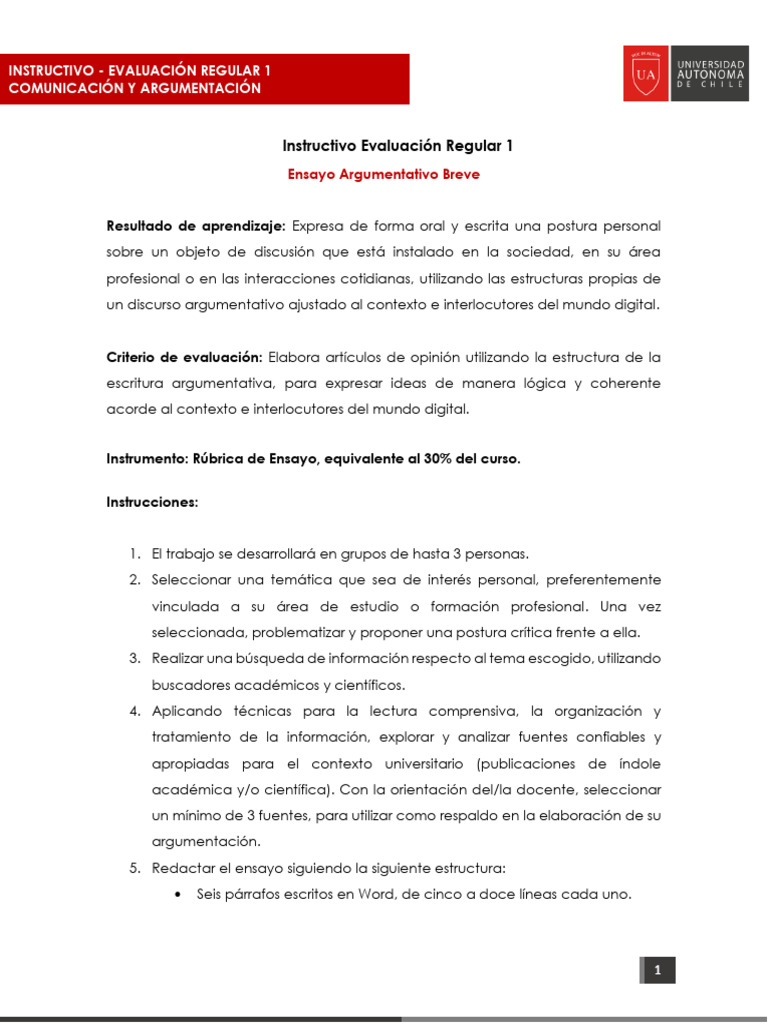 Instructivo ER1 C.ARGUMENTACIÓN | PDF | Ensayos | Comunicación humana