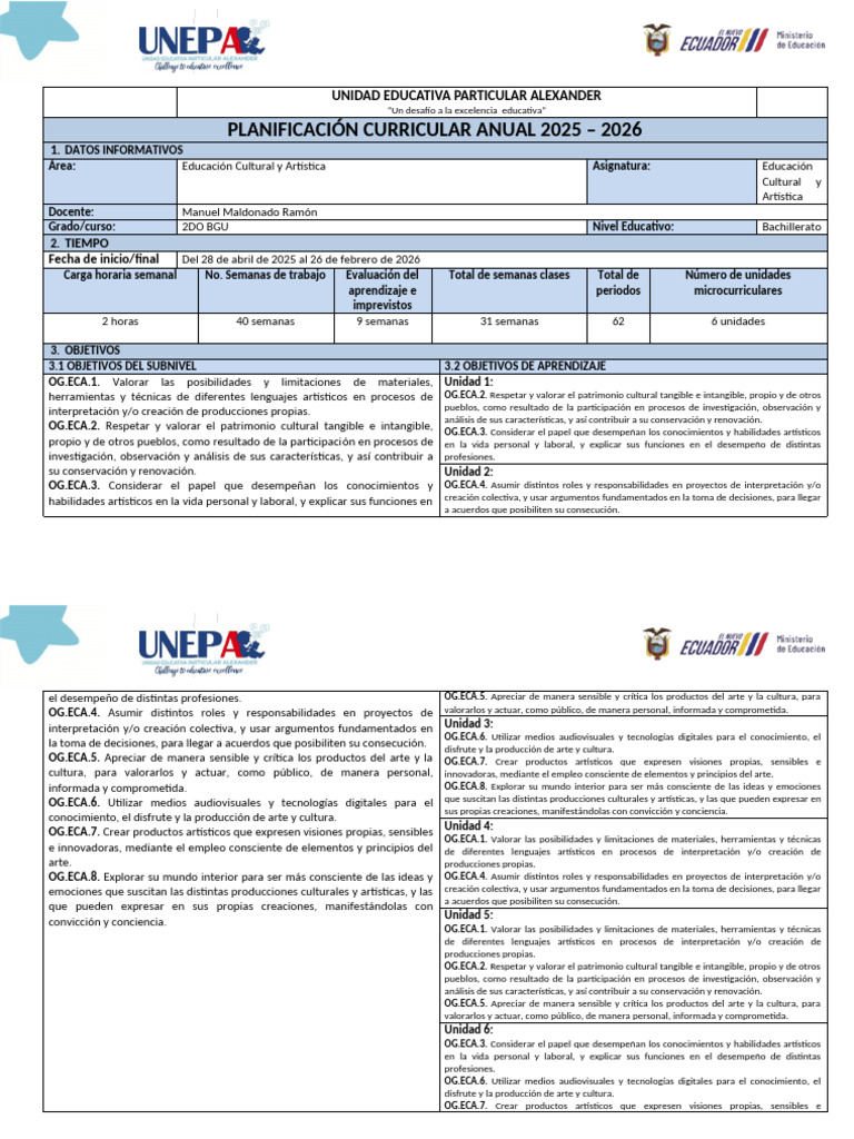 Pca 2025 Eca 2do Bgu Pdf Las Emociones Conocimiento