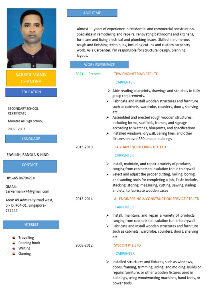 Sarker Manik Chandra-Resume 01 | PDF | Carpentry | Cabinetry
