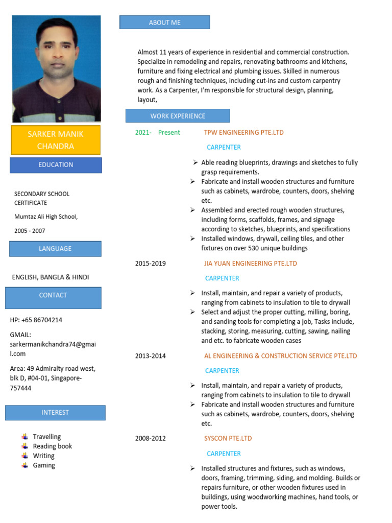 Sarker Manik Chandra-Resume | PDF | Carpentry | Cabinetry