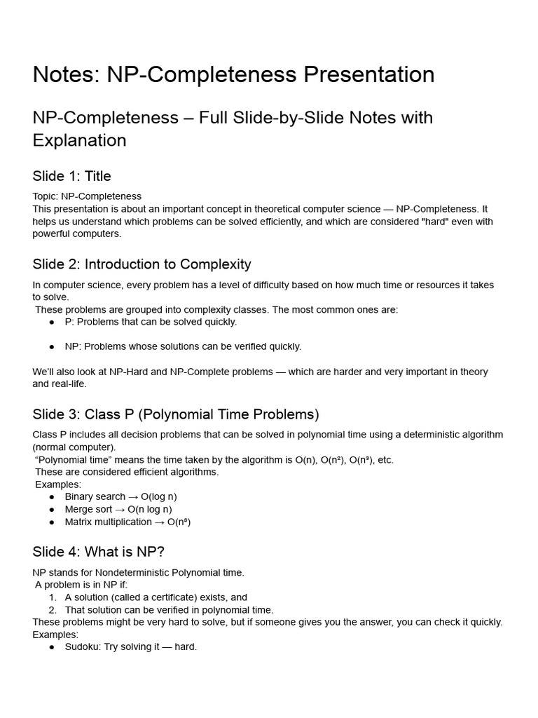 Notes Np Completeness Presentation Pdf Time Complexity Computational Complexity Theory