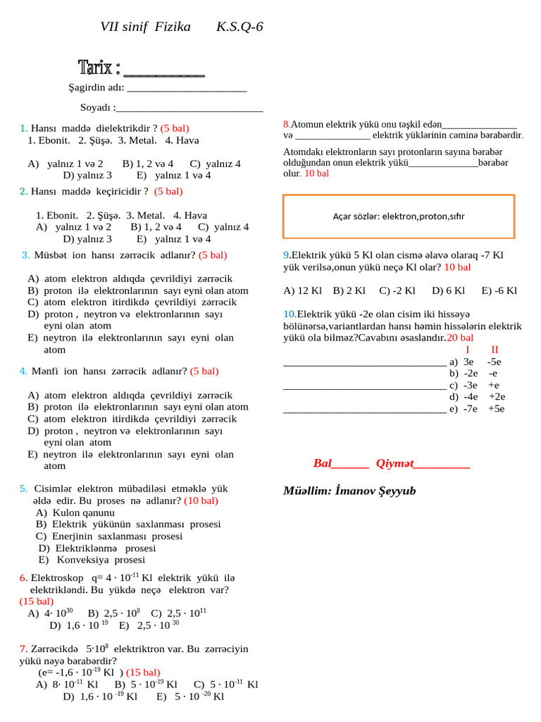 Fizika - VLL Sinif - KSQ - 6 | PDF