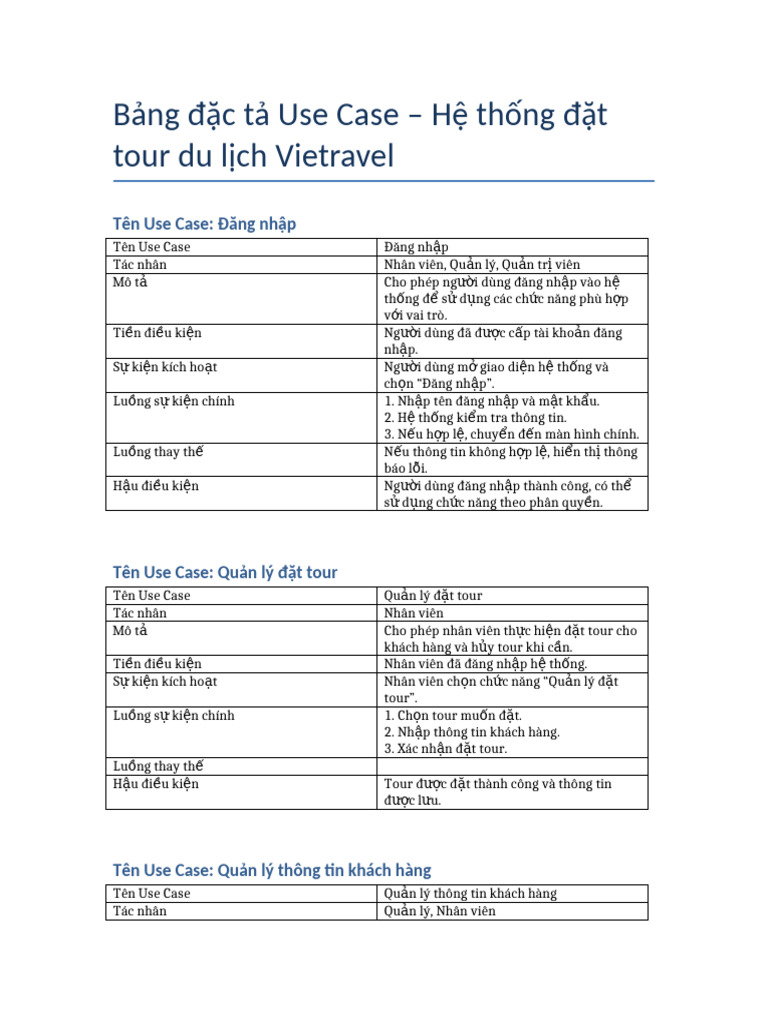 Bang Dac Ta Use Case Vietravel | PDF