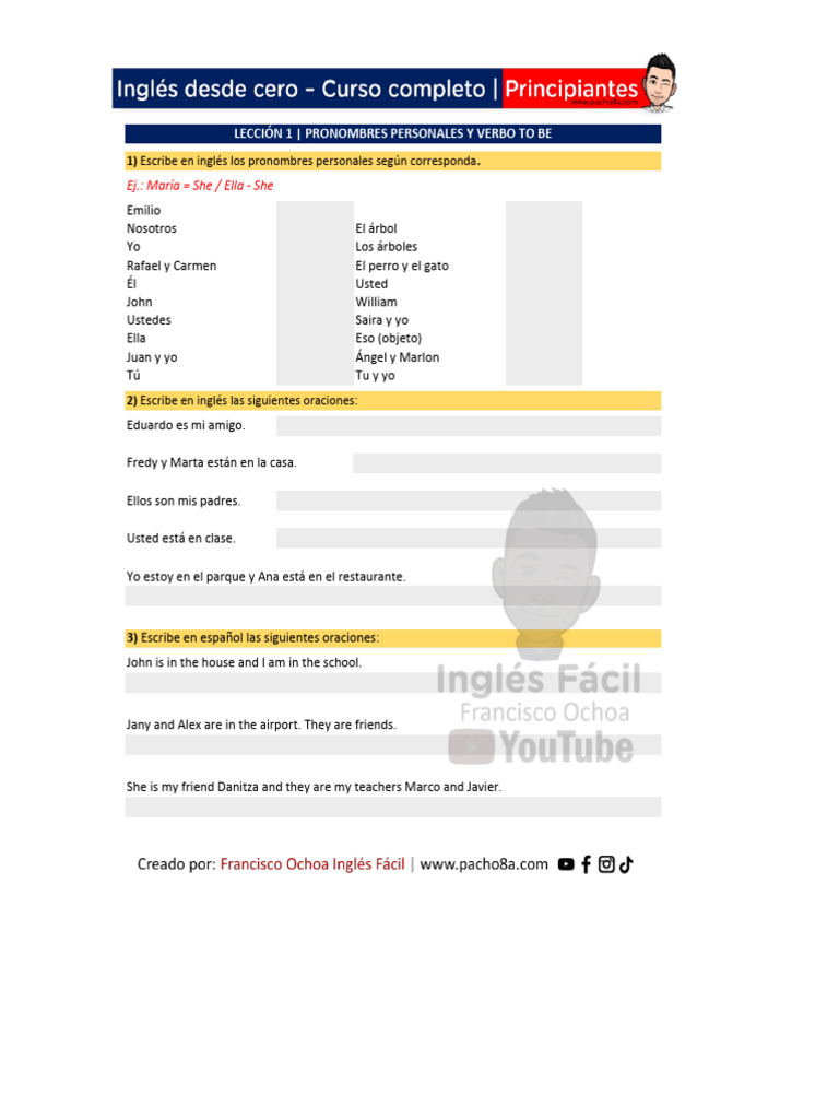 LECCIÓN 1 - PRONOMBRES PERSONALES Y VERBO TO BE | PDF