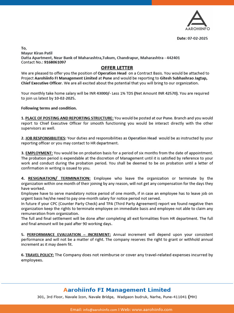 Operation Head Offer Letter - Aarohiinfo | PDF | Employment | Business