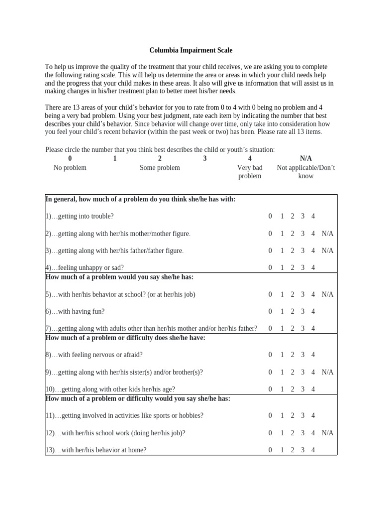 Columbia Impairment Scale Parent | PDF | Behavioural Sciences | Psychology