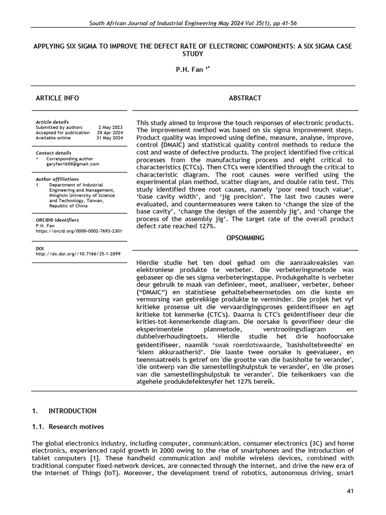 APPLYING SIX SIGMA TO IMPROVE THE DEFECT RATE OF ELECTRONIC COMPONENTS ...