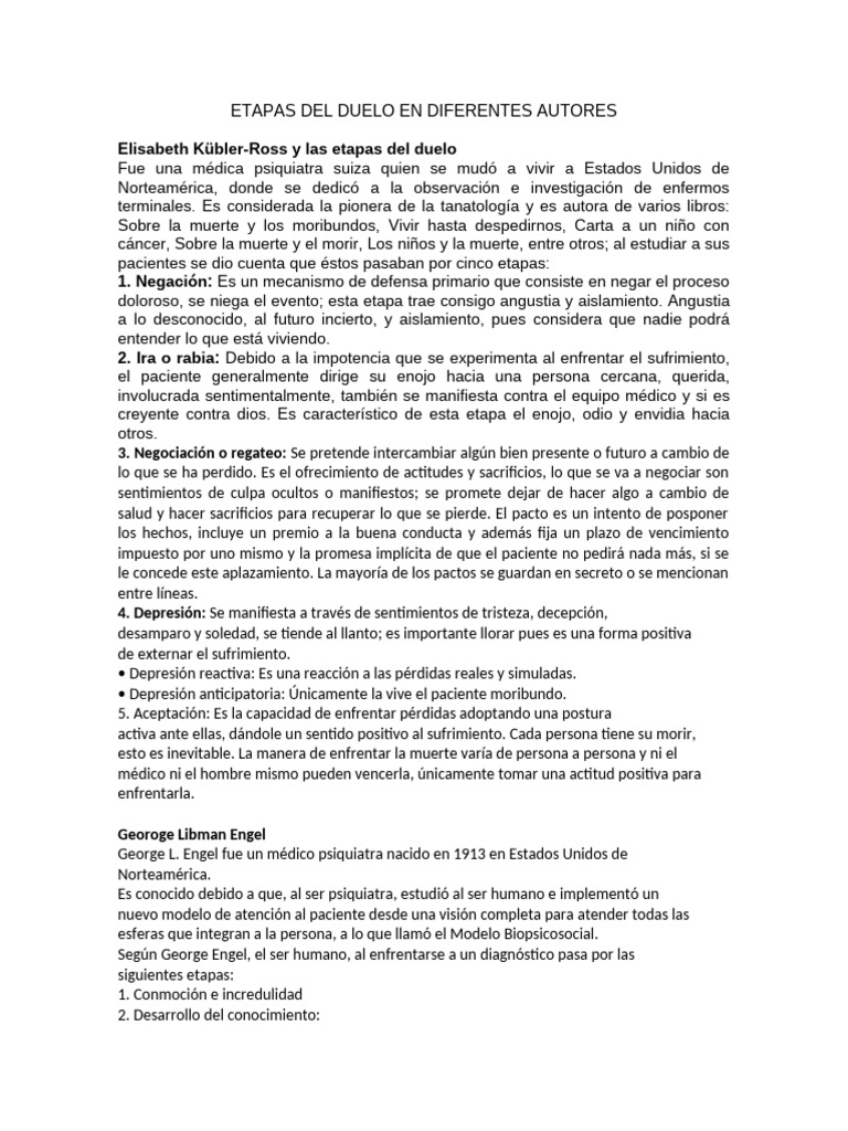 Etapas del duelo según diferentes autores | PDF | Dolor | Sicología