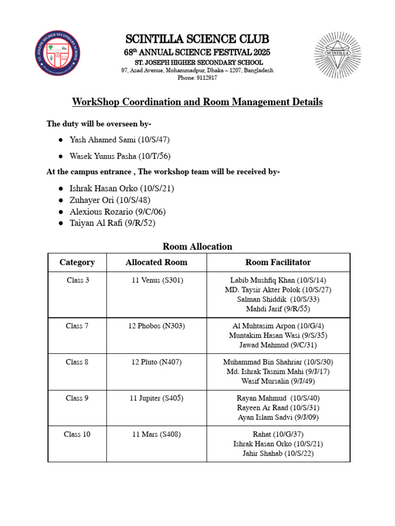 WorkShop Coordination and Room Management Details | PDF