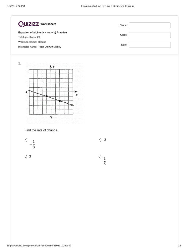 y=mx+b Practice Worksheets | PDF | Slope | Mathematics