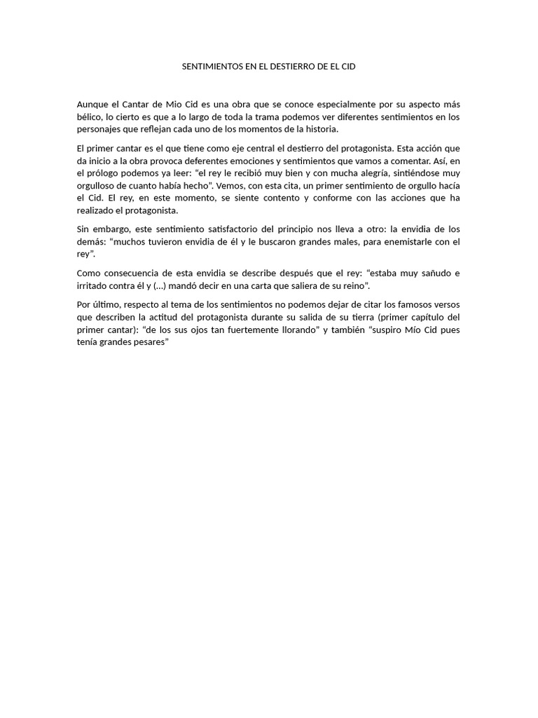 Sentimientos en El Destierro de El Cid | PDF