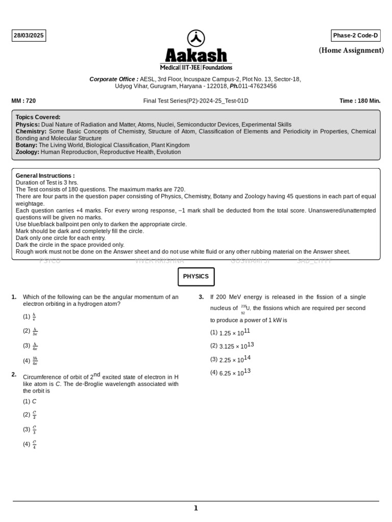 FTS 01D (P2) - 28 03 2025 | PDF | Photoelectric Effect | Atomic Nucleus