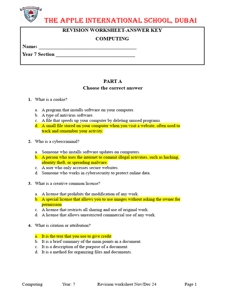 Year 7 - Revision Worksheet Answerkey | PDF | Malware | Identity Theft