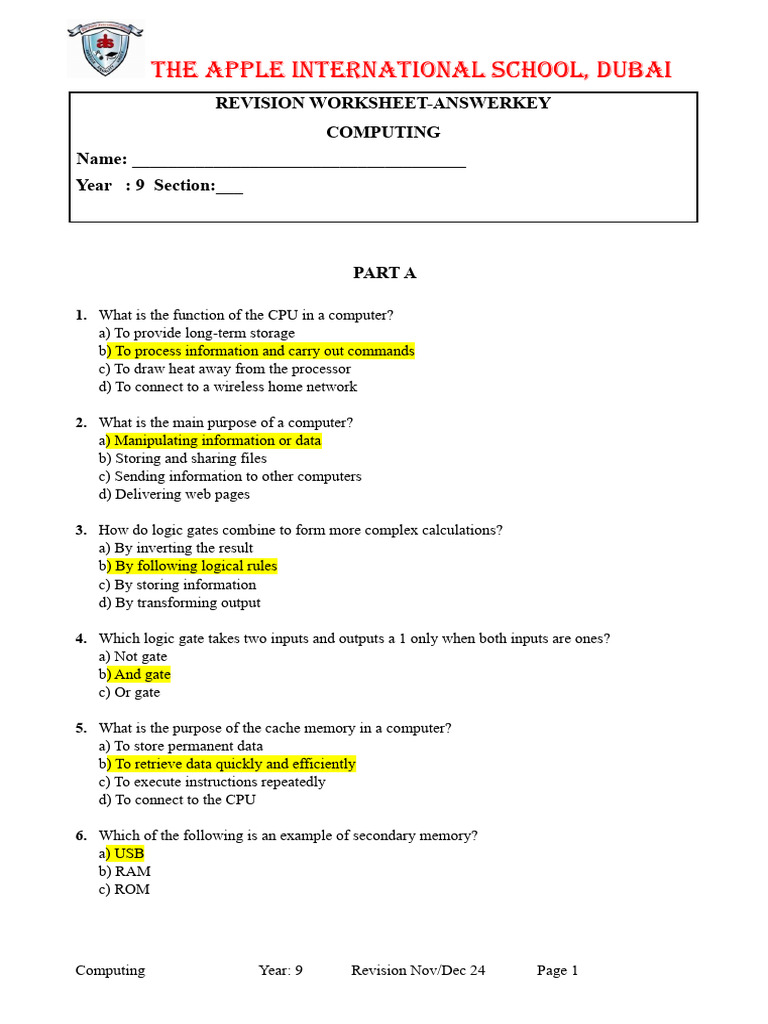 Year 9 - Revision Worksheet Answerkey | PDF | Computer Data Storage ...