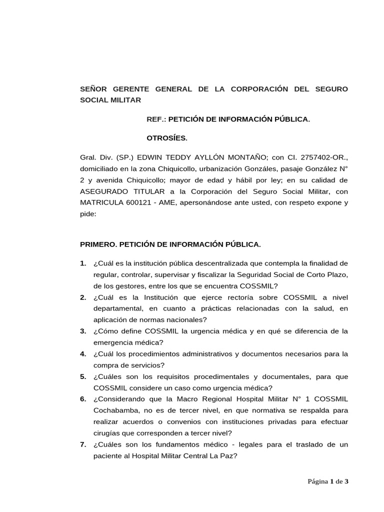 Petición de Información Pública Al Gerente General de Cossmil | PDF | Hospital | Gobierno