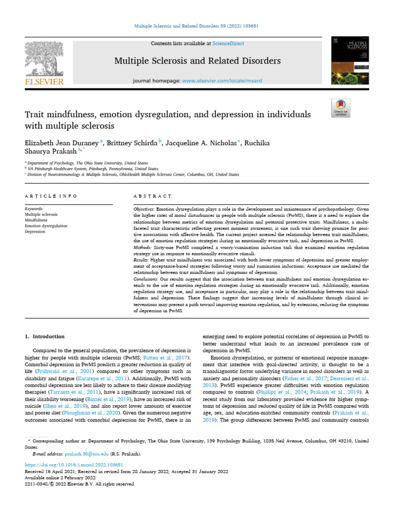 Trait Mindfulness, Emotion Dysregulation, and Depression in Individuals ...