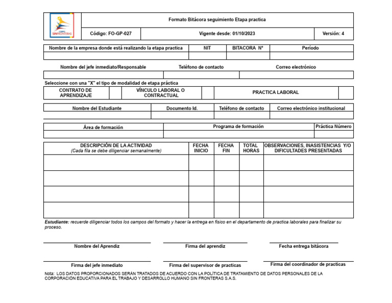 FO-GP-027 Formato Bitácora Seguimiento Etapa Practica | PDF