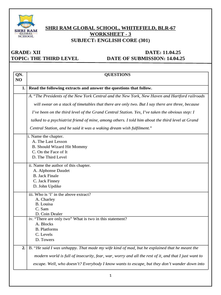 The Third Level Worksheet | PDF