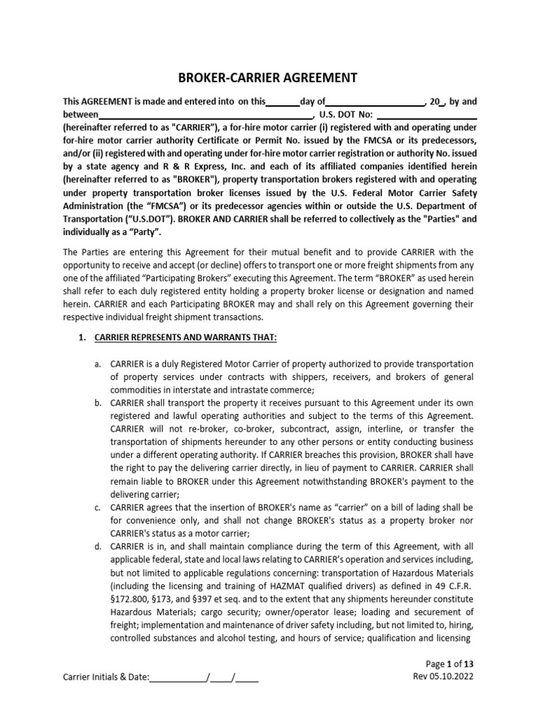 Broker-Carrier Agreement Overview | PDF | Indemnity | Cargo