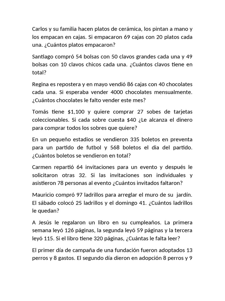 Problemas matemáticos para tercer grado | PDF