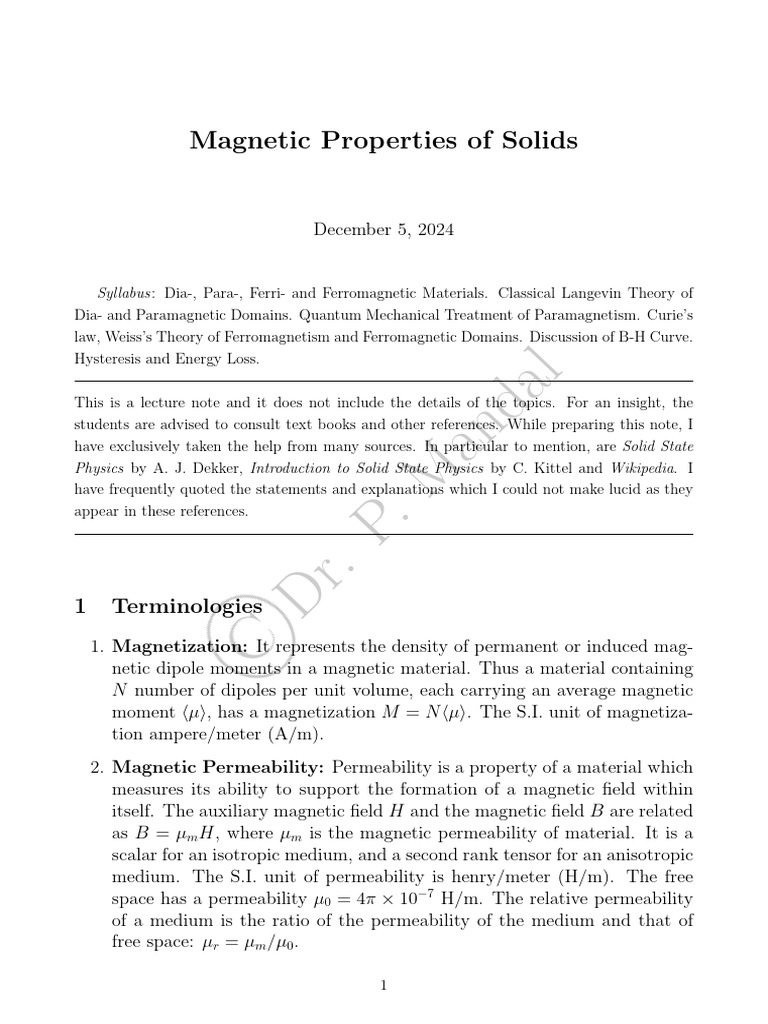 Magnetic properties of solids | PDF | Ferromagnetism | Magnetism
