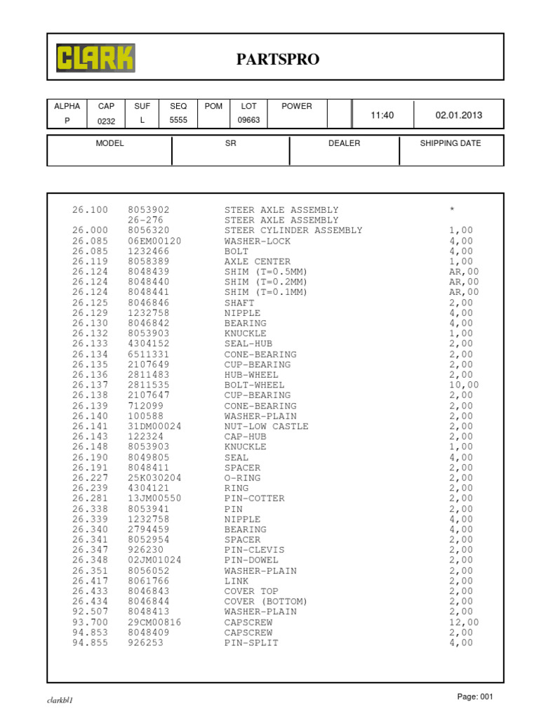 Clark C20 Steer Axle Parts List | PDF | Vehicle Technology | Land Vehicles