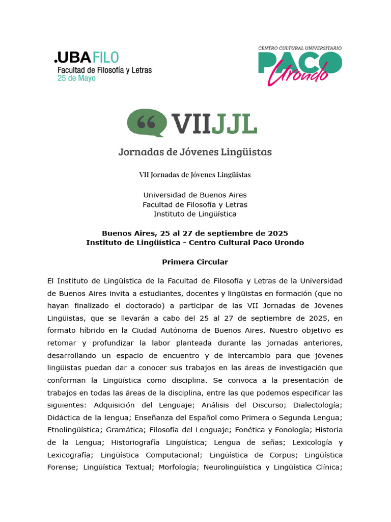 VII Jornadas de Jóvenes Lingüistas 2025 | PDF | Lingüística ...