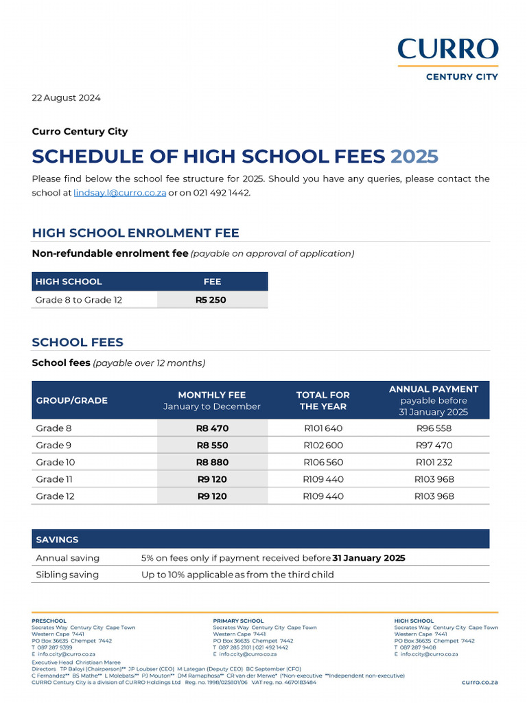 Curro Foreshore 2025 Fee Structure | PDF