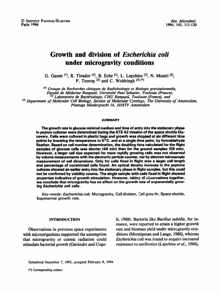 Growth and Division of Escherechia Coli Under Microgravity Conditions ...