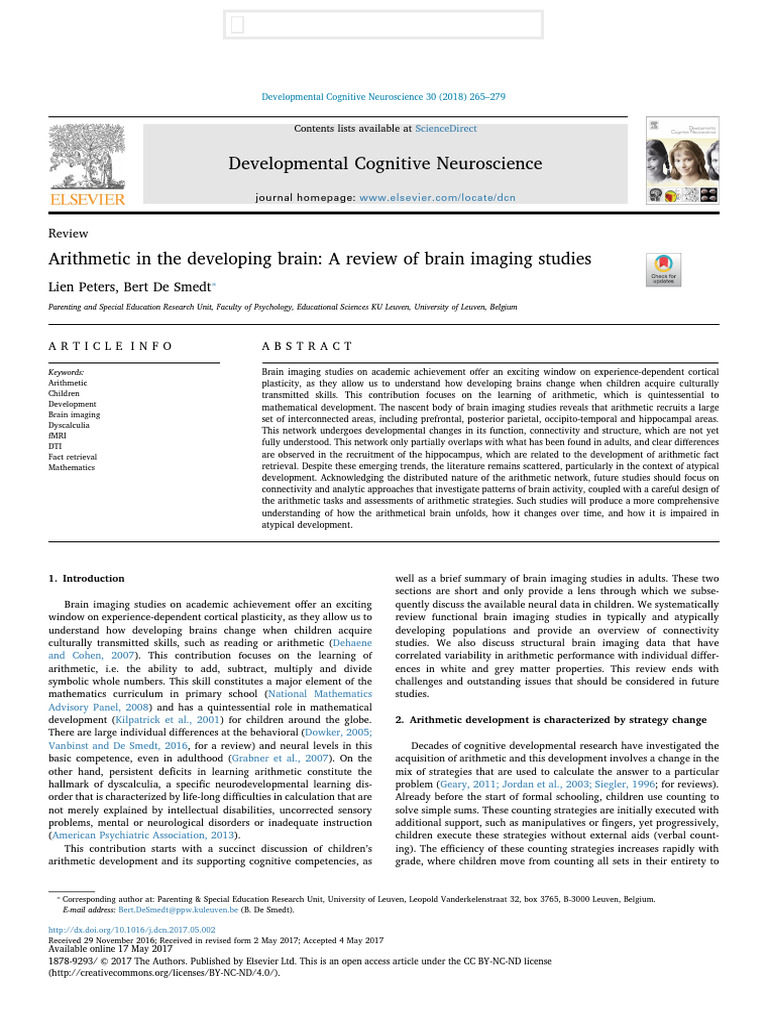Arithmetic in The Developing Brain - A Review of Brain Imaging Studies | PDF | Working Memory ...