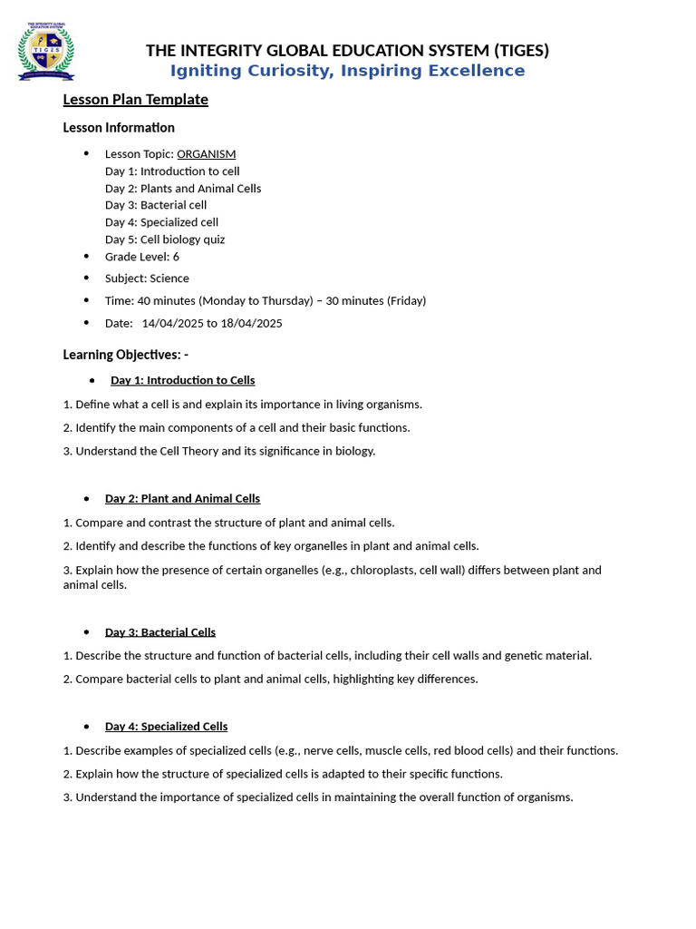 6th Grade Cell Biology Lesson Plan | PDF | Cell (Biology) | Organisms