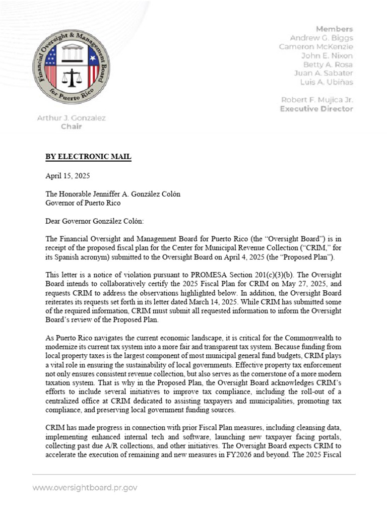 FOMB - Letter - Governor - CRIM FY25 FP Notice of Violation - April 15 ...