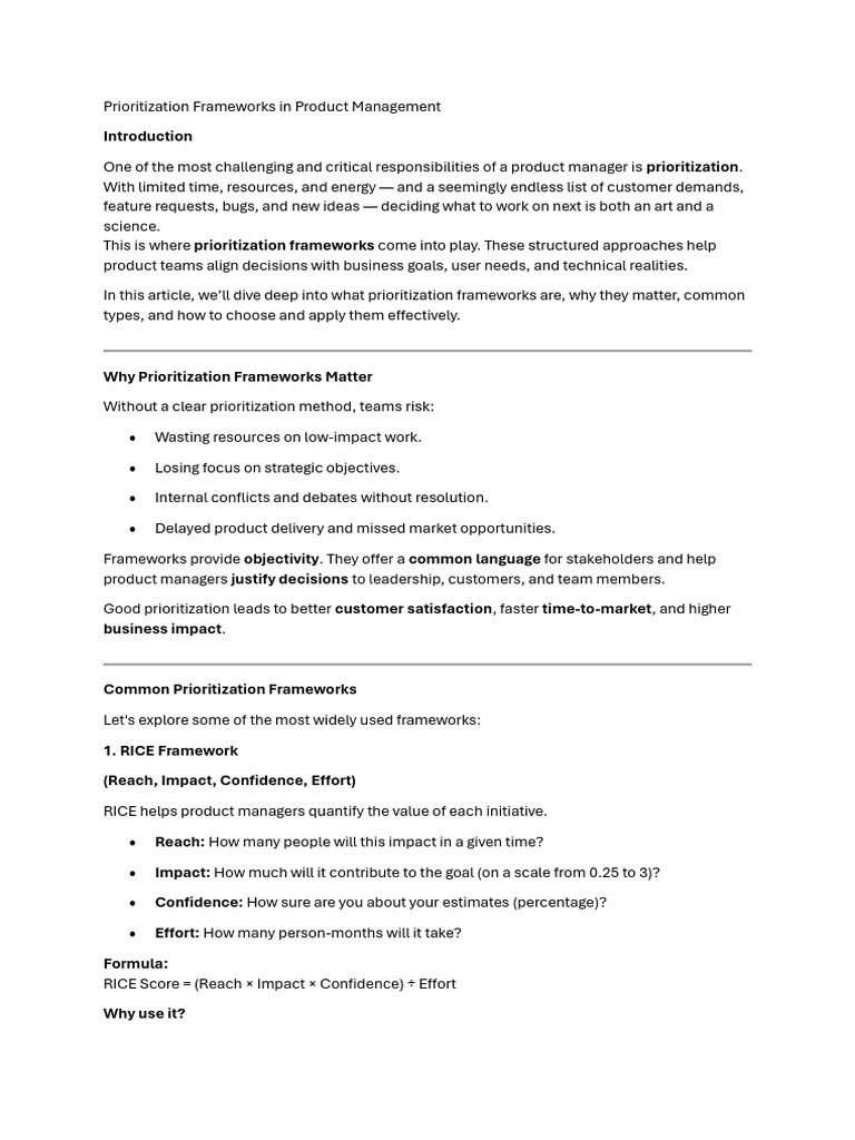 Prioritization Frameworks in Product Management | PDF | Leadership | Goal