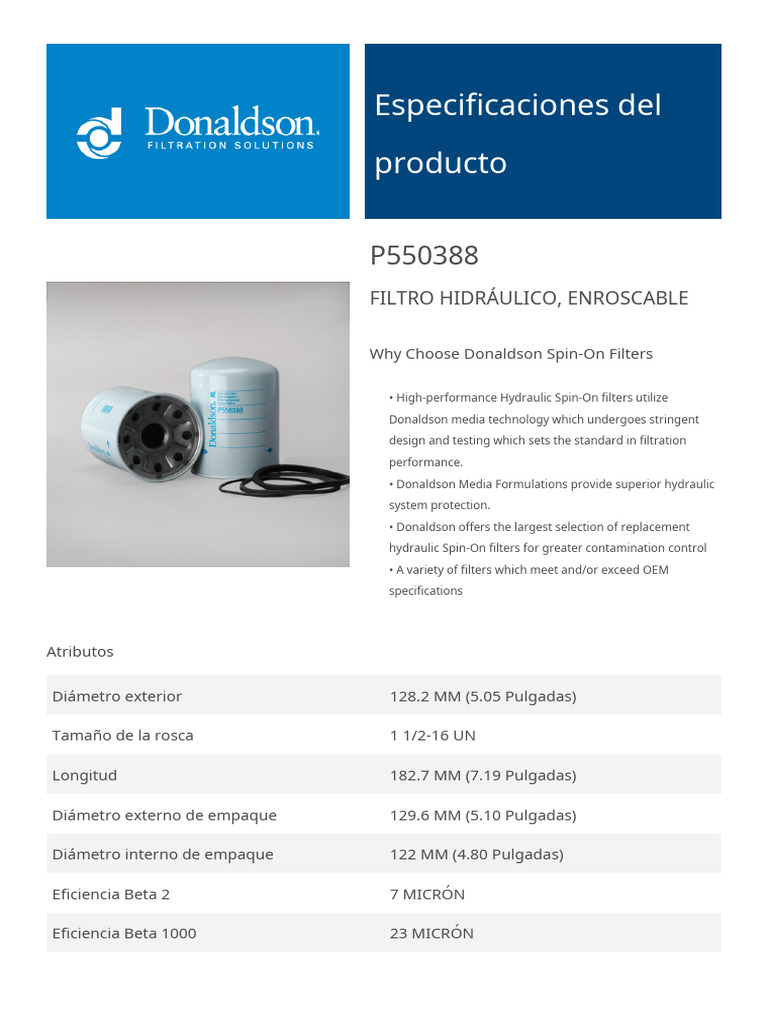 Especificacion Filtro P550388 | PDF