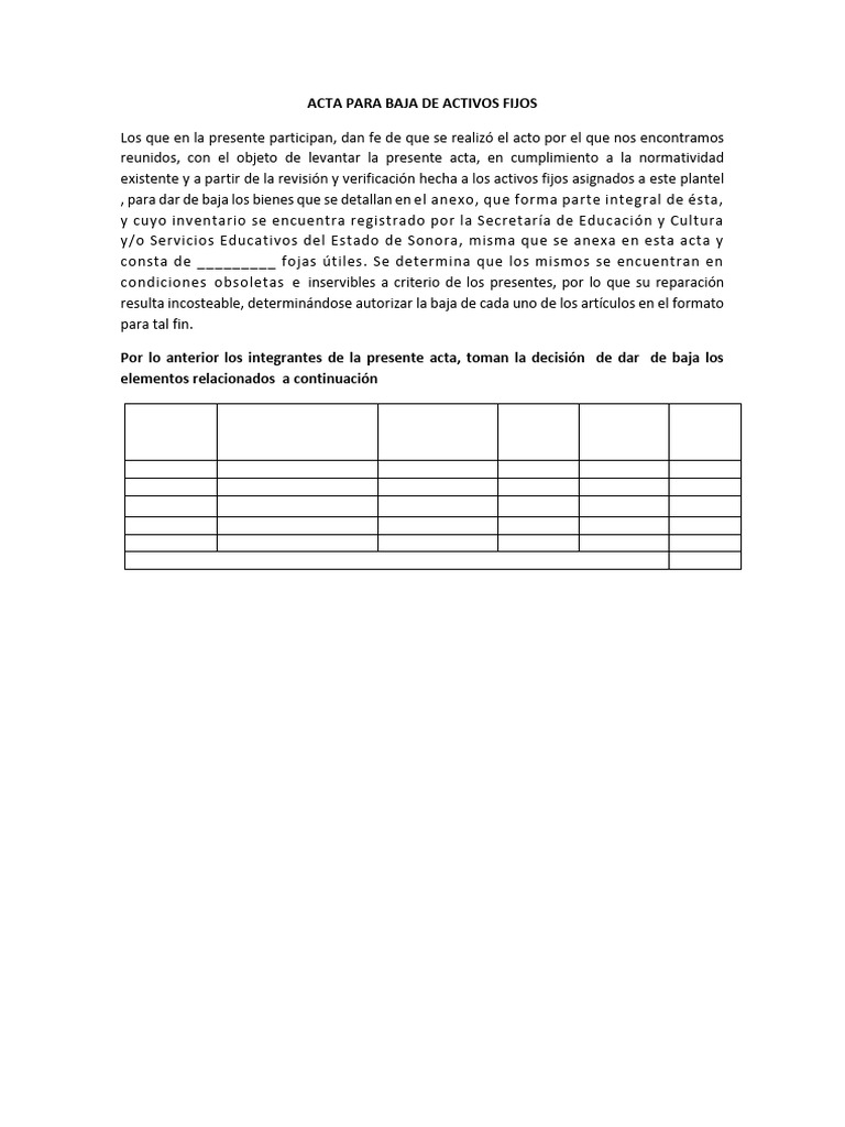 Acta para bajas de activo fijos | PDF