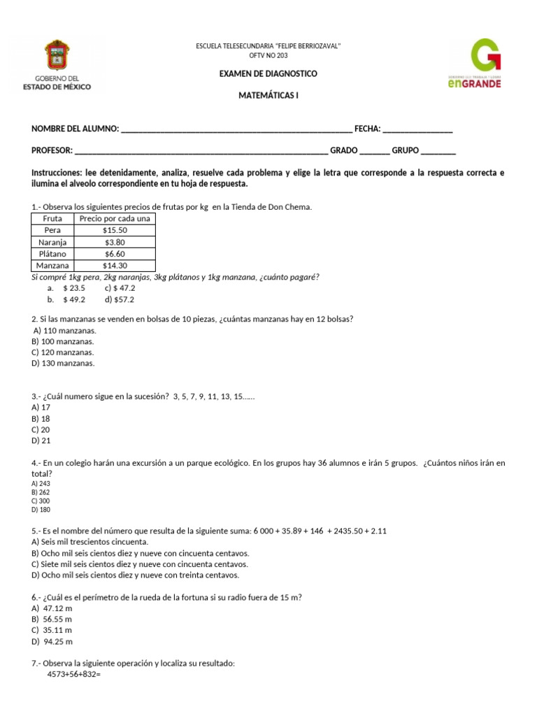 Exa de Diag Mate 1 | PDF