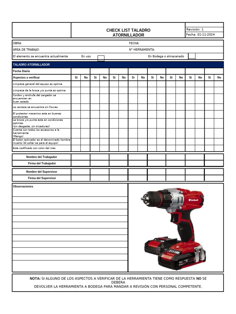 Check List Taladro Atornillador | PDF
