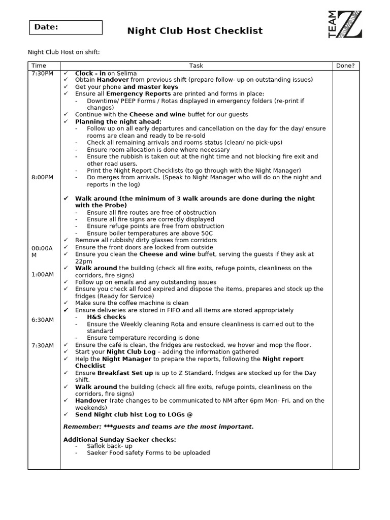 Night Club Host Checklist | PDF