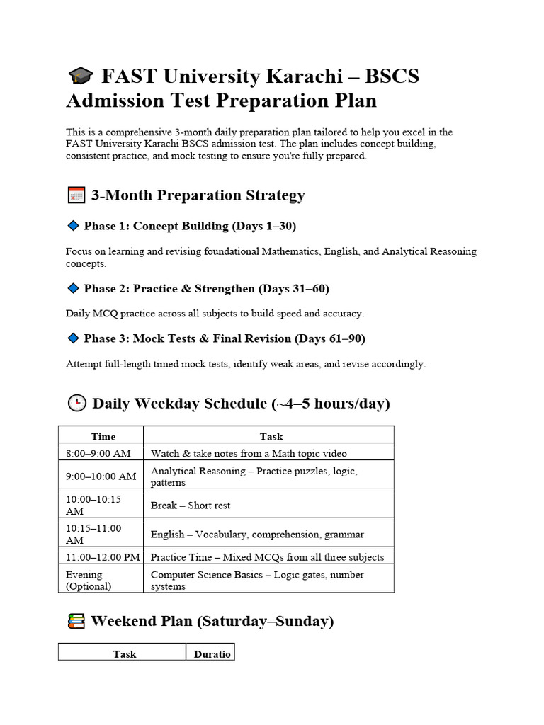 FAST University Karachi - BSCS Admission Test Preparation Plan | PDF ...