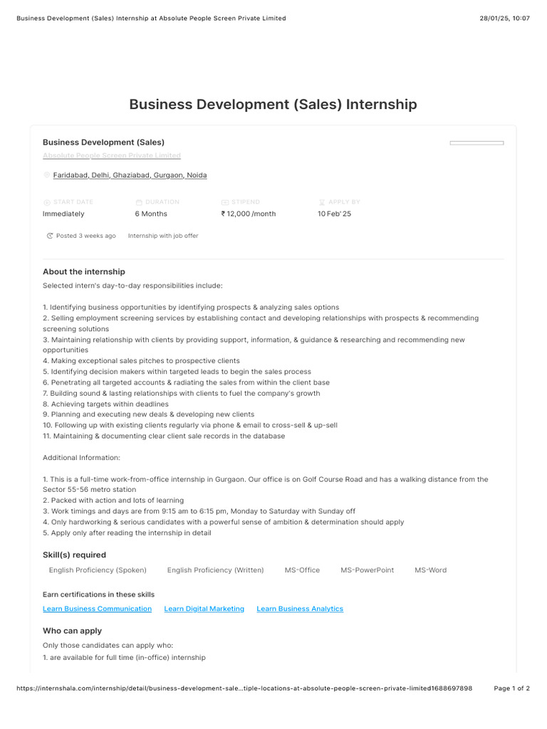 Business Development (Sales) Internship at Absolute People Screen ...