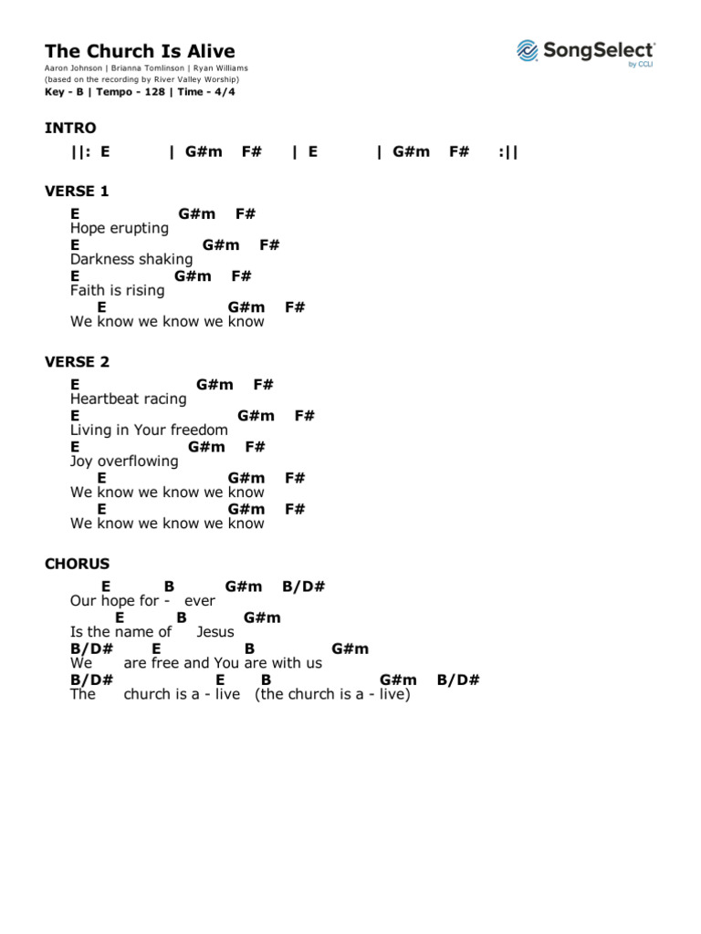 The Church Is Alive - SongSelect Chart in B | PDF