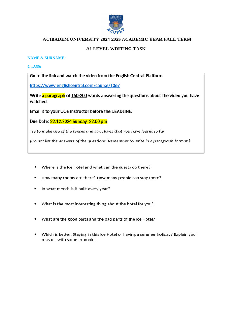 A1 UOE Writing Task | PDF