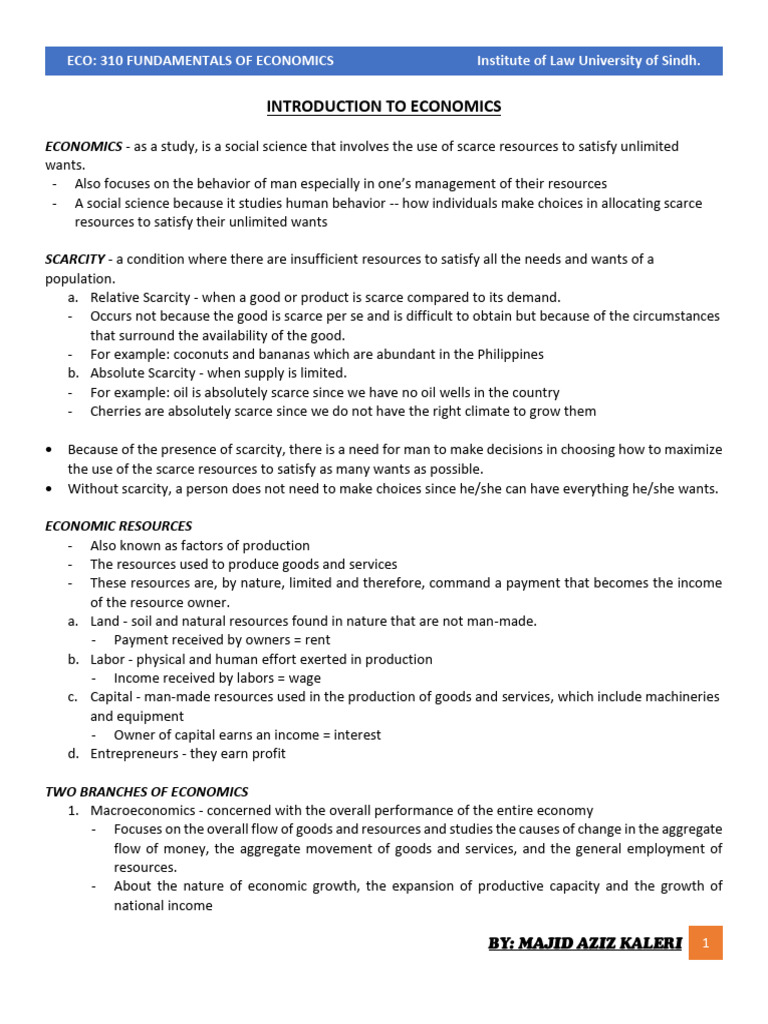 Introduction To Economics Notes | PDF | Economics | Microeconomics